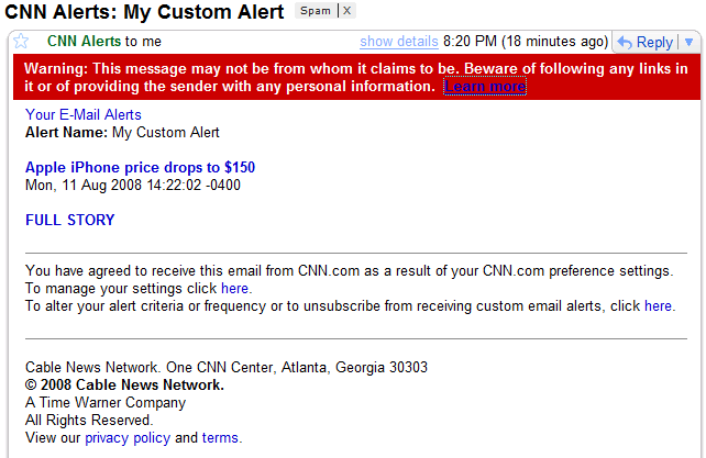 Gmail Warns Against Fake CNN Alerts | Didier Stevens