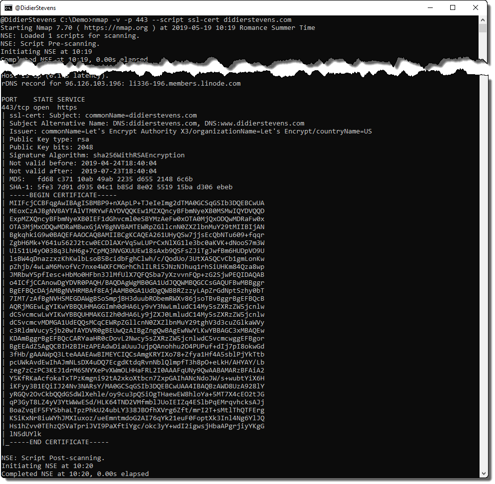 Quickpost: Retrieving an SSL Certificate with nmap | Didier Stevens