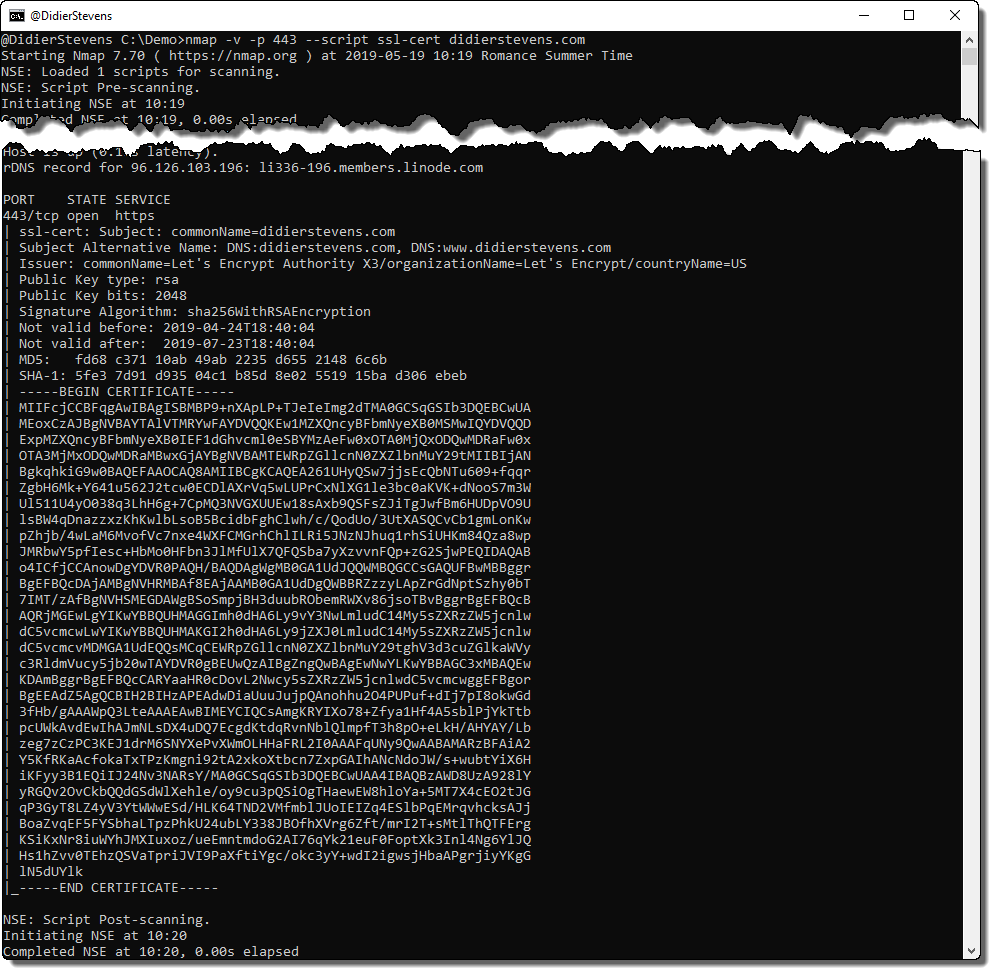 Quickpost: Retrieving an SSL Certificate with nmap | Didier Stevens
